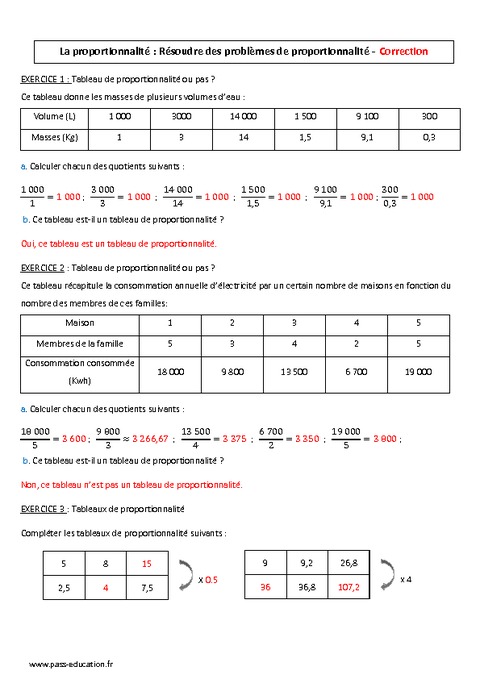 Proportionnalité - 6ème - Contrôle sur les problèmes - Pass Education