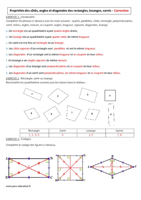 Propriétés des quadrilatères - 6ème - Contrôle - Pass Education