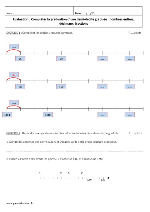 Droite graduée - 6ème - Contrôle - Pass Education