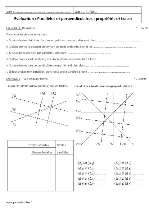 Droites - Parallèles et perpendiculaires - 6ème - Evaluation ...