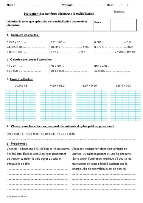 Multiplication des nombres décimaux - Cm2 - Bilan - Pass Education
