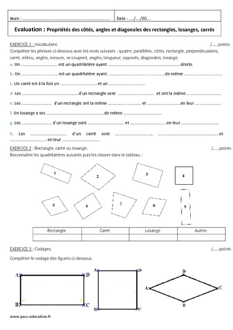 Propriétés des quadrilatères - 6ème - Contrôle - Pass Education