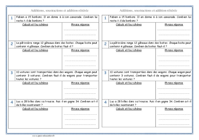 Addition, soustraction, addition réitérée - Ce1 - Problèmes - Pass ...