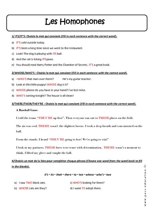 Homophones en anglais - 3ème - Exercices avec le corrigé - Pass Education