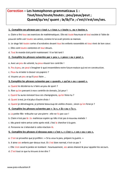Homophone grammatical - 4ème - Contrôle à imprimer - Pass Education