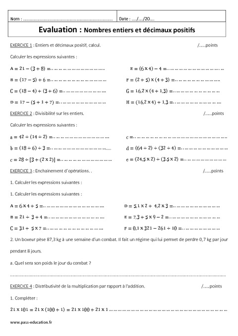 Décimaux positifs - Nombres entiers - 5ème - Evaluation - Pass Education