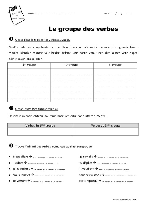 Groupe des verbes - Ce2 - Exercices avec le corrigé - Pass Education