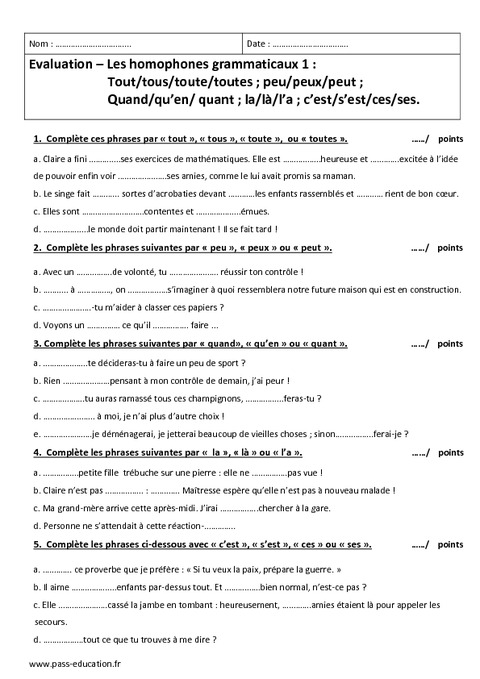 Homophone grammatical - 4ème - Contrôle à imprimer - Pass Education
