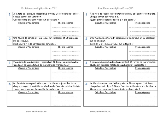 Problèmes multiplicatifs à imprimer pour le ce2 - Pass Education