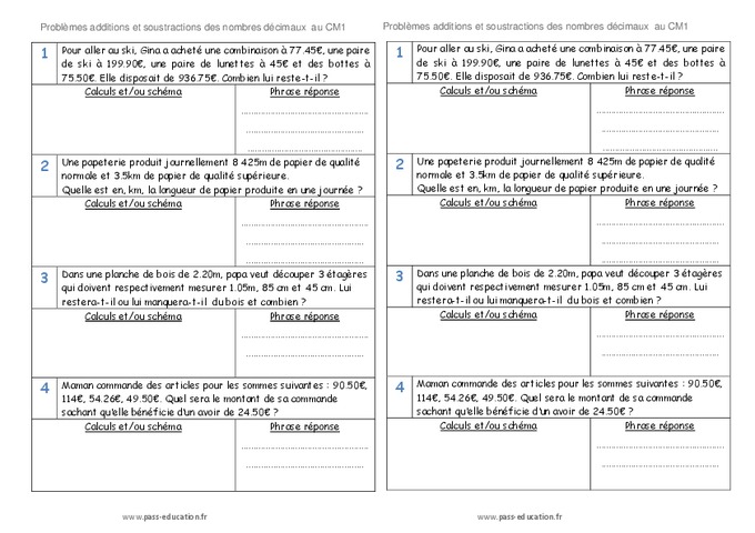 Addition et soustraction des nombres décimaux - Cm1 - Problèmes - Pass ...