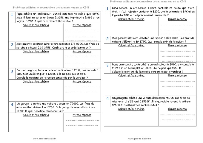 Addition et soustraction des nombres entiers - Cm1 - Problèmes - Pass ...