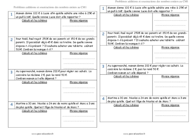 Addition et soustraction des nombres entiers - Cm1 - Problèmes - Pass ...