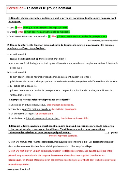 Groupe nominal - Nom - 4ème - Evaluation avec le corrigé - Pass Education