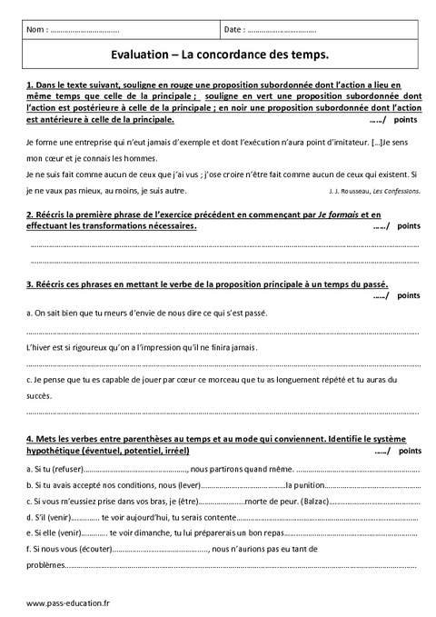 Concordance des temps - 3ème - Evaluation avec le corrigé - Pass Education