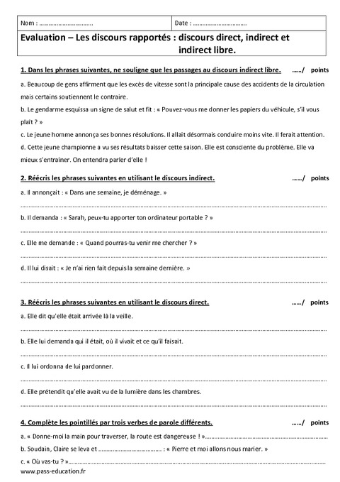 Discours direct, indirect et indirect libre - 3ème - Evaluation avec le corrigé - Pass Education