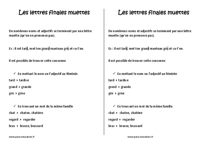 Lettres finales muettes - Ce2 - Leçon - Pass Education