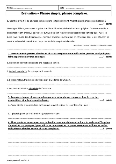 Phrase complexe - Phrase simple - 4ème - Evaluation avec le corrigé ...