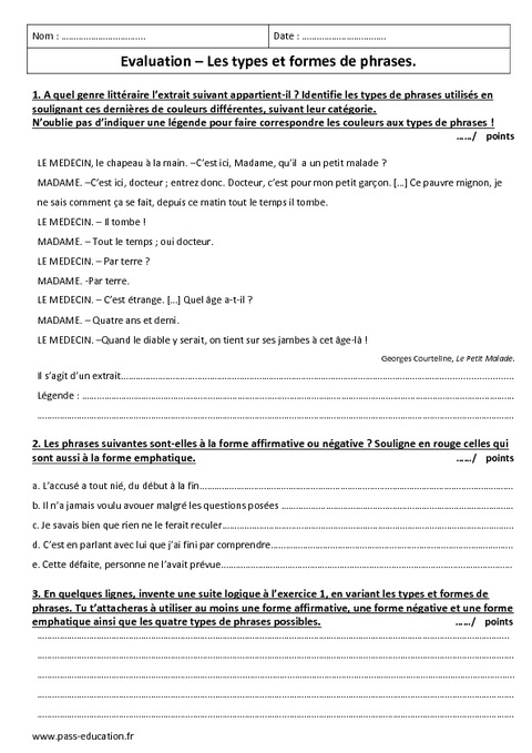 Types et formes de phrases - 3ème - Evaluation avec le corrigé - Pass ...