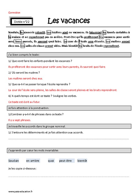 Les vacances - Ce2 - Dictée accompagnée n°22 - Pass Education