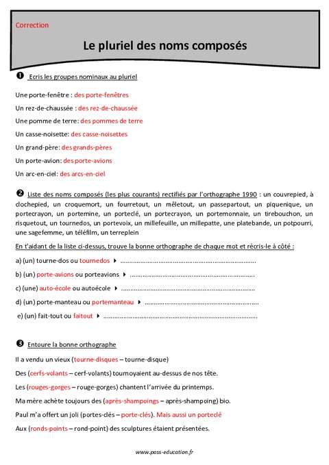 Pluriel des noms composés - Cm2 - Exercices - Pass Education