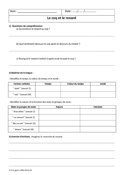 Le coq et le renard - 6ème - Lecture - Fable - Récit - Pass Education
