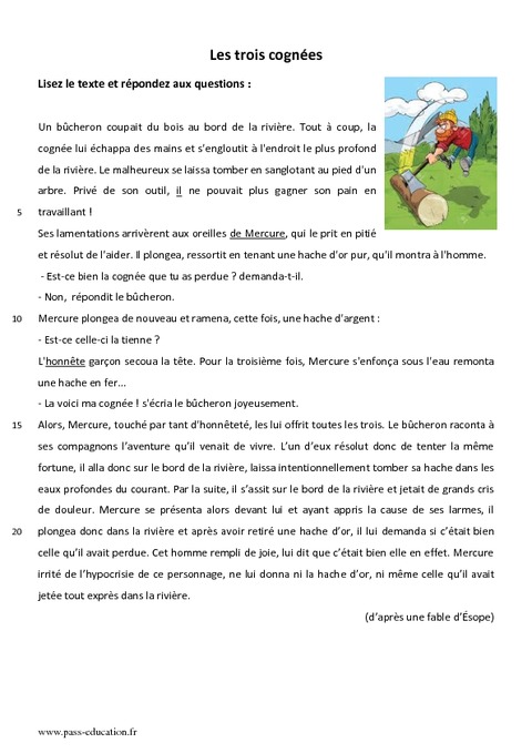 Les trois cognées - 6ème - Récit - Lecture - Pass Education