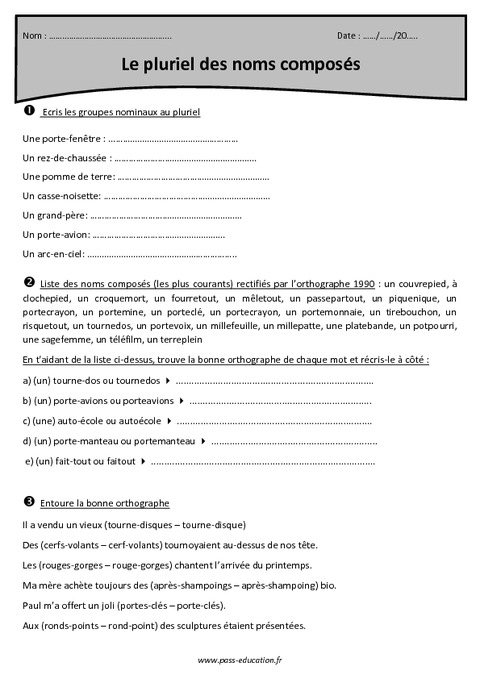 Pluriel des noms composés - Cm2 - Exercices - Pass Education