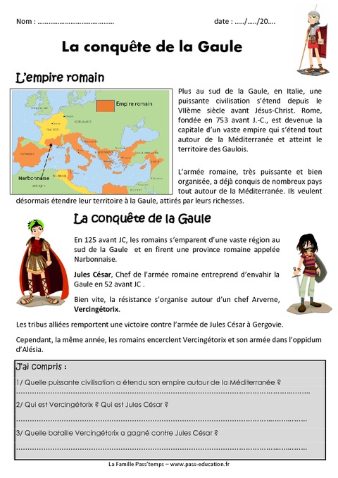 Conquête de la Gaule - Ce2 - Cm1 - Documentaire - Exercices - Pass Education