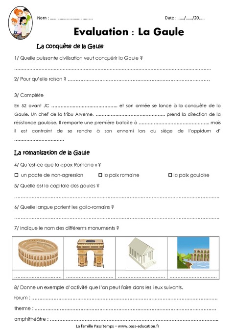 La Gaule - Ce2 - Cm1 - Evaluation sur la conquête et la romanisation - Pass Education