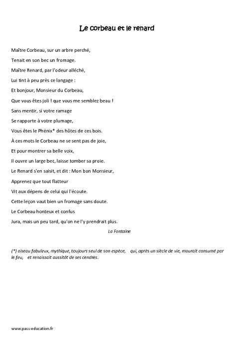 Le corbeau et le renard - Cm2 - Fable - Récit - Lecture - Pass Education