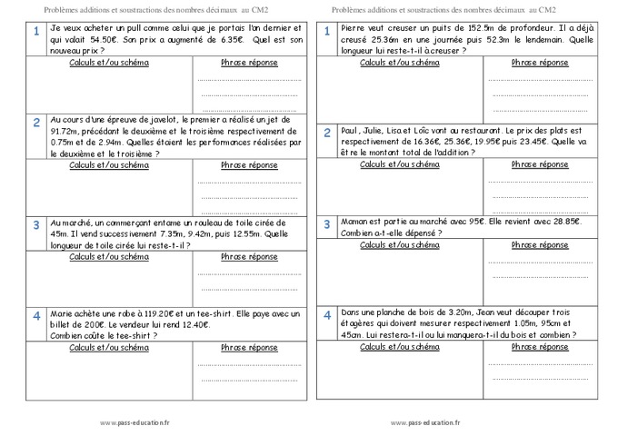 Addition et soustraction - Nombres décimaux - Cm2 - Problèmes - Pass ...