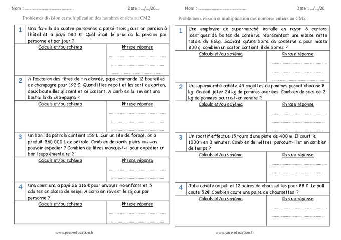 Multiplication et division - Nombres entiers - Cm2 - Problèmes - Pass ...