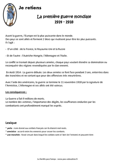 1ère guerre mondiale 1914 - 1918 - Cm2 - Leçon - Pass Education