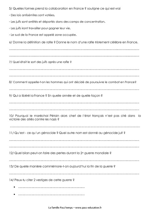 2ème guerre mondiale 1939 - 1945 - Cm2 - Evaluation - Pass Education