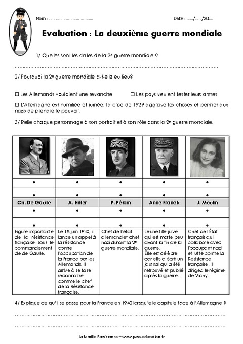 2ème guerre mondiale 1939 - 1945 - Cm2 - Evaluation - Pass Education