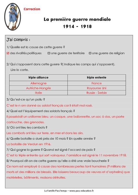 1ère guerre mondiale 1914 - 1918 - Cm2 - Exercices - Pass Education