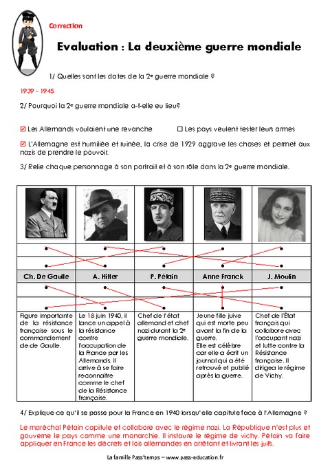 2ème guerre mondiale 1939 - 1945 - Cm2 - Evaluation - Pass Education