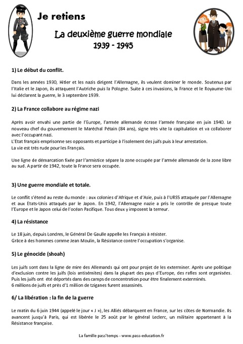 Deuxième guerre mondiale 1939 - 1945 - Cm2 - Leçon - Pass Education