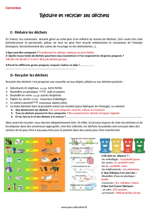 Réduire et recycler les déchets - Cm2 - Exercices - Pass Education