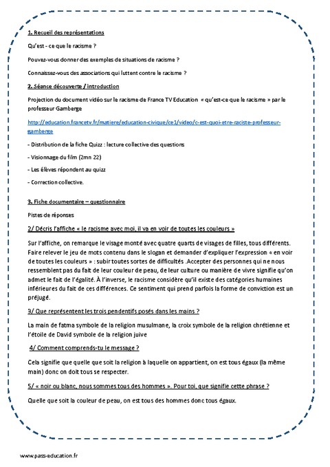 Racisme - Ce1 - Ce2 - EMC - Fiche de prep - Pass Education