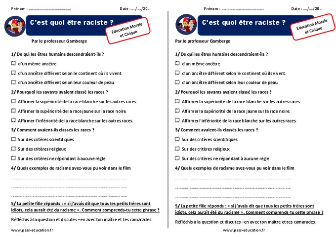 Racisme - Ce1 - Ce2 - EMC - Fiche de prep - Pass Education