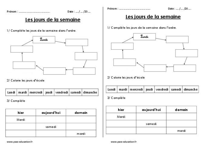 Jours de la semaine - Ce1 - Révisions - Pass Education