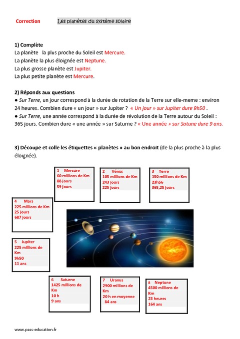 Planètes du système solaire - Ce2 - Exercices - Pass Education