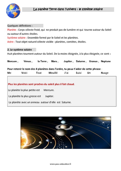 Système Solaire - Ce2 - Leçon - Pass Education