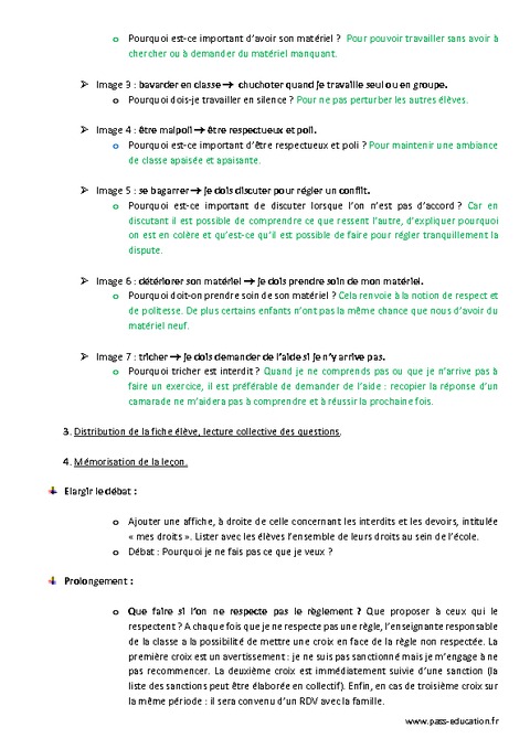Droits et devoirs en classe - Cm1 - Cm2 - Fiche de préparation - Pass Education