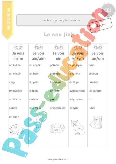 Leçon, trace écrite [in] un, in, ain, ein – Son simple : CE1 - Cycle 2 ...