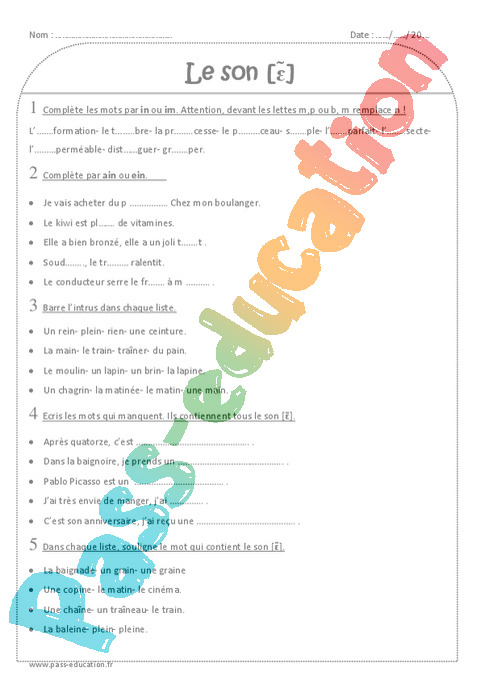 Exercice [in] un, in, ain, ein – Son simple : CE2 - Cycle 2 - Pass ...