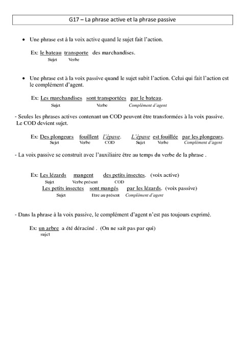 Phrase active - Phrase passive – Leçon – Cm1 - Cm2 - Pass Education