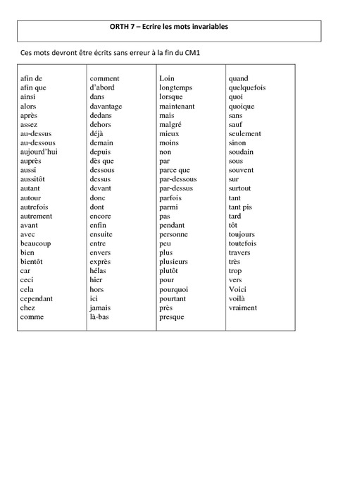 Ecrire les mots invariables - Leçon - Cm1 - Orthographe - Cycle 3 ...