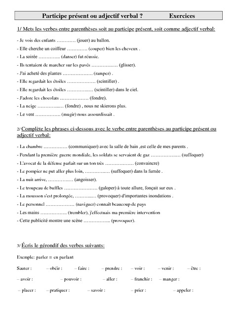 Participe présent ou adjectif verbal - Cm2 - Exercices - Orthographe ...